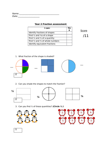 Year 2 Fractions Assessment | Teaching Resources
