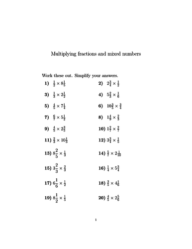 Multiplying fractions and mixed numbers worksheet (with solutions ...