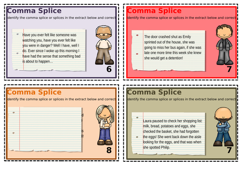 Comma Splice Help Card and Task Cards | Teaching Resources
