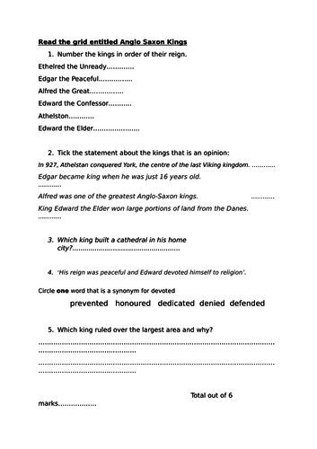 Year 5 Reading Test Anglo Saxon Theme | Teaching Resources