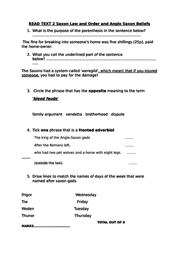 Year 5 Reading Test Anglo Saxon Theme | Teaching Resources