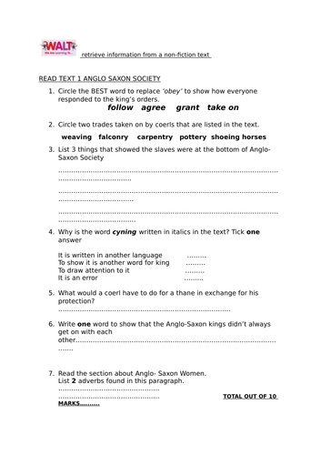 Year 5 Reading Test Anglo Saxon Theme | Teaching Resources