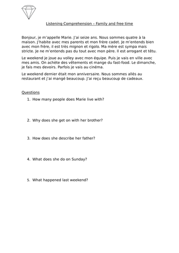 Ma famille et mes passe-temps comprehension task | Teaching Resources