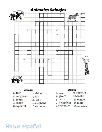 2 Spanish Crosswords Wild Animals Animales Salvajes with keys ...