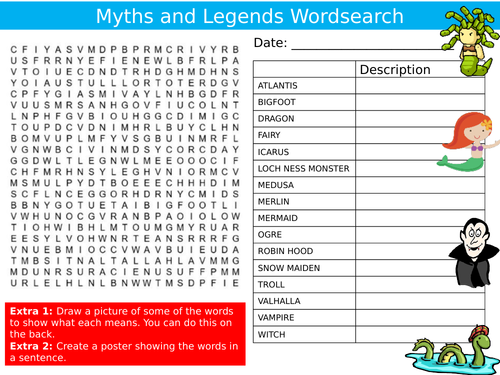 Myths and Legends Wordsearch Puzzle Sheet Keywords Settler Starter ...
