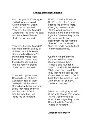 The Charge of the Light Brigade - Alfred, Lord Tennyson - Double Lesson ...