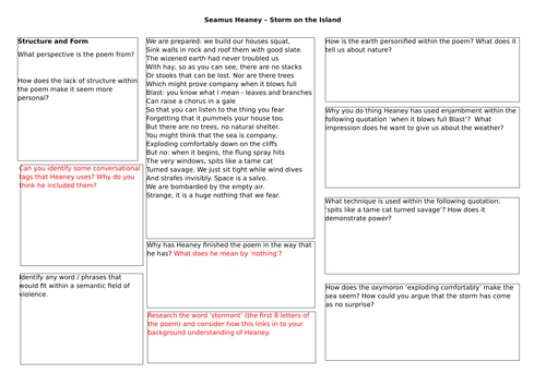 A3 Analysis Worksheet - 'Storm on the Island' Seamus Heaney | Teaching ...