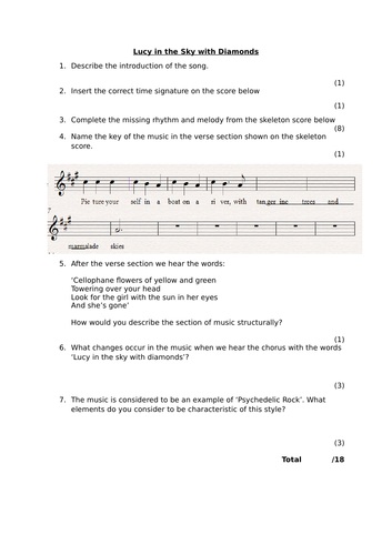 AQA GCSE Music: Lucy in the Sky with Diamonds question | Teaching Resources