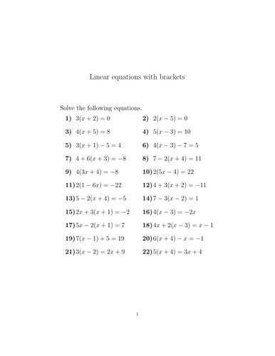 Linear equations with brackets worksheet (with solutions) | Teaching ...