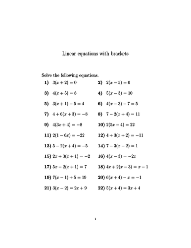 Linear equations with brackets worksheet (with solutions) | Teaching ...