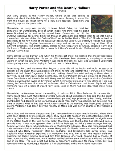 Harry Potter and the Deathly Hallows - Reading Comprehension Text ...