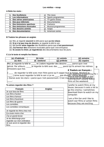 French free time, TV & films: vocabulary revision media, free time with ...