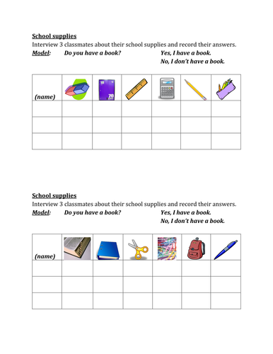 School supplies in English Speaking activity | Teaching Resources