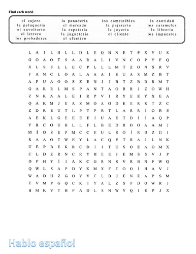 Spanish Word Search Shopping Compras with answers | Teaching Resources