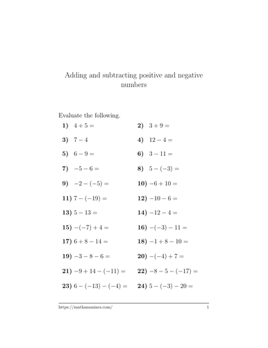 Adding and subtracting positive and negative numbers worksheet (with ...
