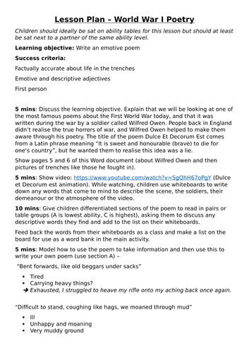 First World War literacy poetry Year 6/7 lesson for WWI centenary by ...