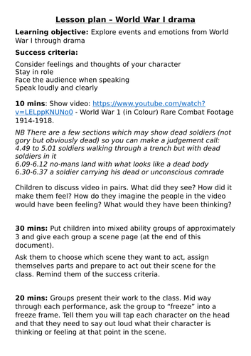 First World War literacy drama Year 5/6/7 lesson for WWI centenary by ...