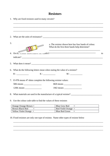 Resistors worksheet | Teaching Resources
