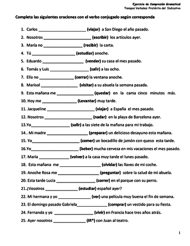 Spanish Past Tense Worksheet with 50 gap filling exercises | Teaching ...