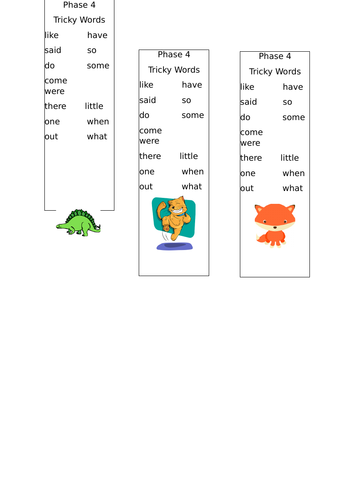 Phase 4 Tricky words and High Frequency Words on Bookmarks / Pocket ...