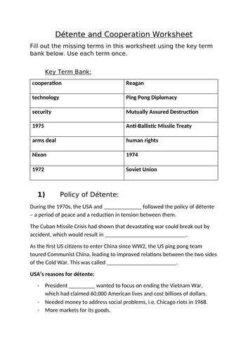 Cold War Detente Worksheet | Teaching Resources