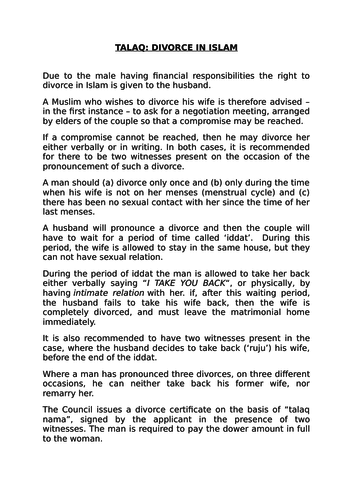 Religious Studies 9-1 AQA: Relationships and families- Divorce and remarriage in Islam ...