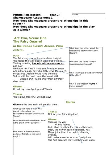 A Midsummer Night's Dream extract with questions. Act 2 Scene 1 ...