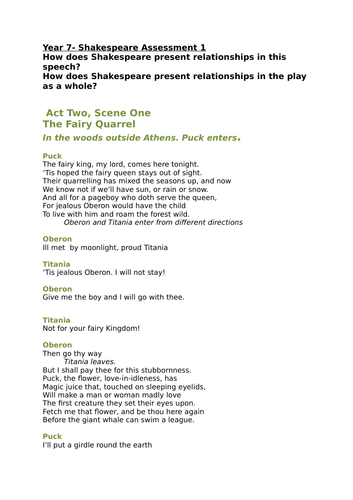 A Midsummer Night's Dream extract with questions. Act 2 Scene 1 ...