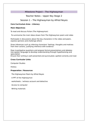 The Highwayman 8 Lesson Plans Overview | Teaching Resources