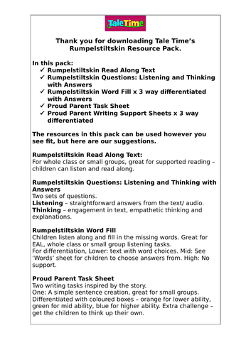 Listening + Writing fairy tale resource pack; Rumpelstiltskin Brothers ...