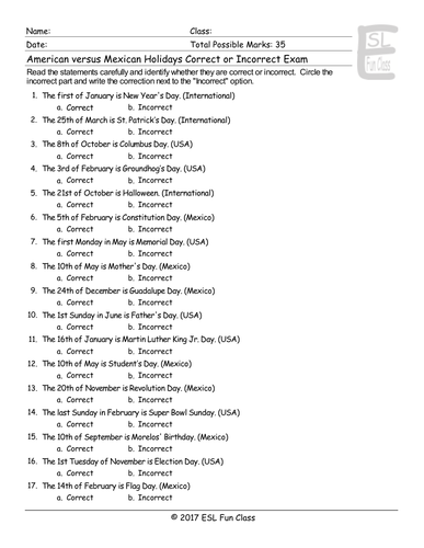 American versus Mexican Holidays Correct-Incorrect Exam | Teaching ...