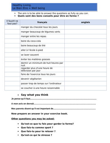 Une vie saine | Teaching Resources