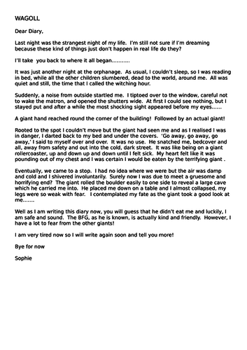 WAGOLL Sophie's diary entry and support sheets - The BFG | Teaching ...