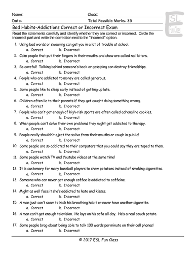 Bad Habits-Addictions Correct-Incorrect Exam | Teaching Resources
