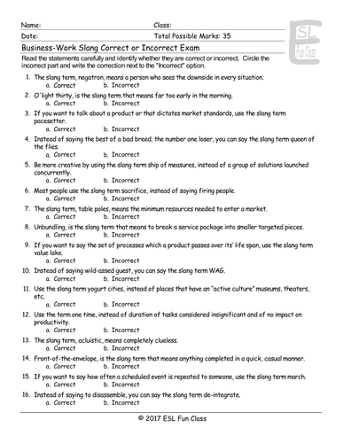 Business-Work Slang Correct-Incorrect Exam | Teaching Resources