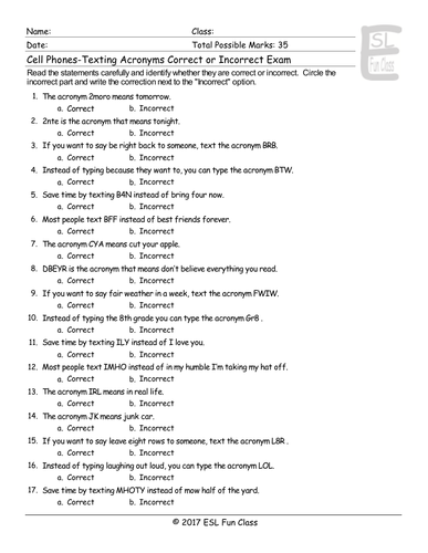 Cell Phones-Texting Acronyms Correct-Incorrect Exam | Teaching Resources