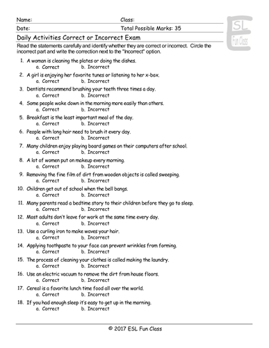Daily Activities Correct-Incorrect Exam | Teaching Resources