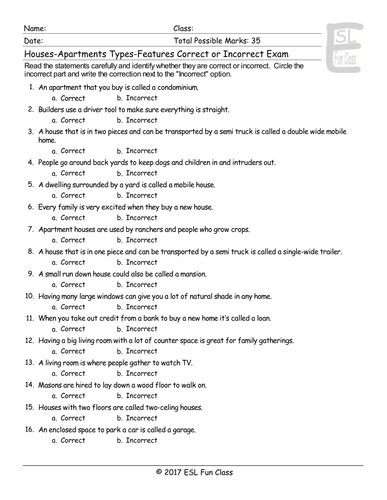 Houses-Apartments Types-Features Correct-Incorrect Exam | Teaching ...