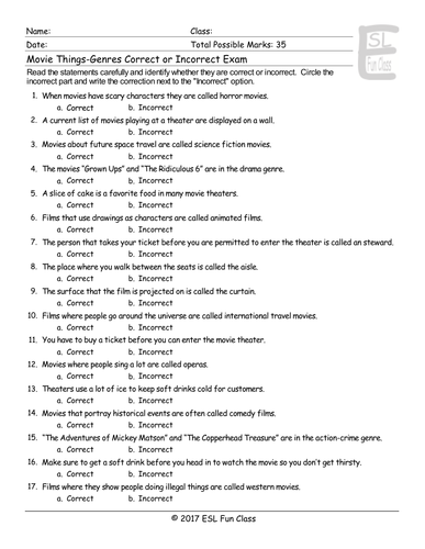 Movie Things-Genres Correct-Incorrect Exam | Teaching Resources