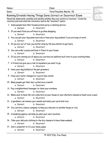 Running Errands-Having Things Done Correct-Incorrect Exam | Teaching ...