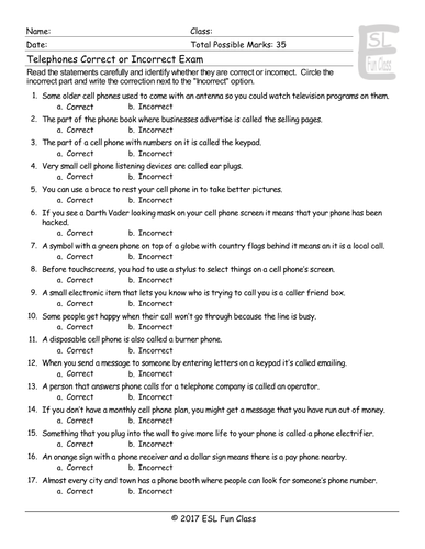 Telephones Correct-Incorrect Exam | Teaching Resources