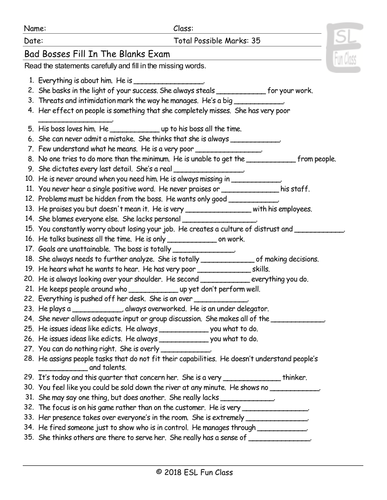 Bad Bosses Fill In The Blanks Exam | Teaching Resources