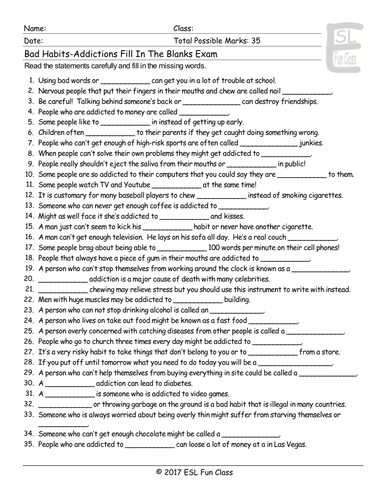 Bad Habits-Addictions Fill In The Blanks Exam | Teaching Resources