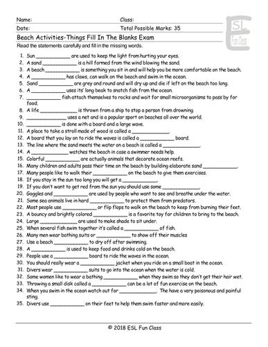 Beach Activities-Things Fill In The Blanks Exam | Teaching Resources