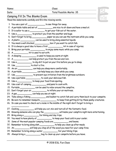 Camping Fill In The Blanks Exam | Teaching Resources