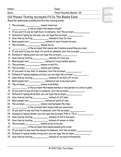Cell Phones-Texting Acronyms Fill In The Blanks Exam | Teaching Resources
