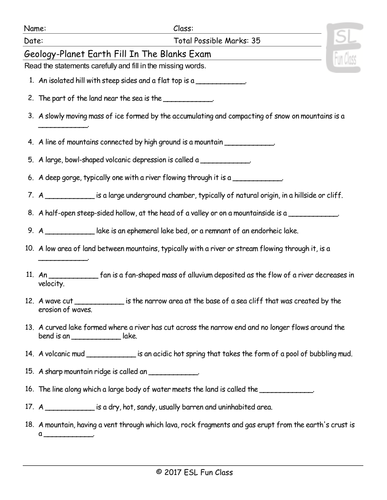Geology-Planet Earth Fill In The Blanks Exam | Teaching Resources