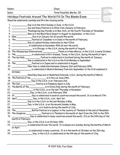Holidays-Festivals Around The World Fill In The Blanks Exam | Teaching ...