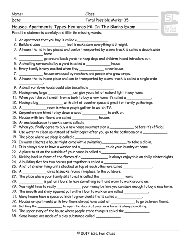Houses-Apartments Types-Features Fill In The Blanks Exam | Teaching ...