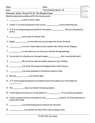 Internet Sites-Terms-Activities Fill In The Blanks Exam | Teaching ...